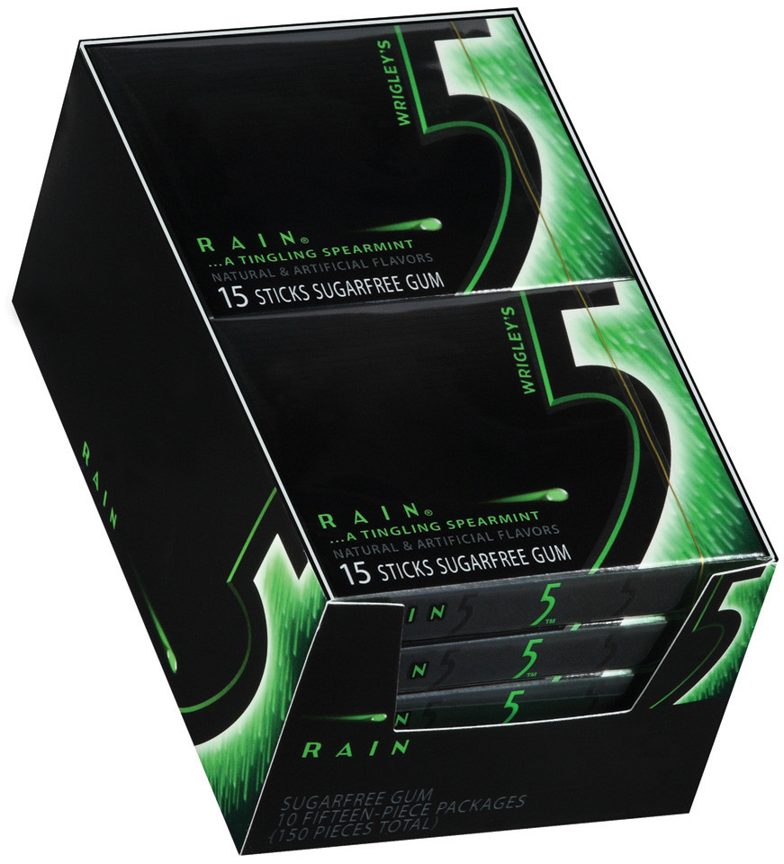 5 Gum Rain Slim Pack, 15 Pieces Each, 12 Boxes of 10 Packs, 120 Total